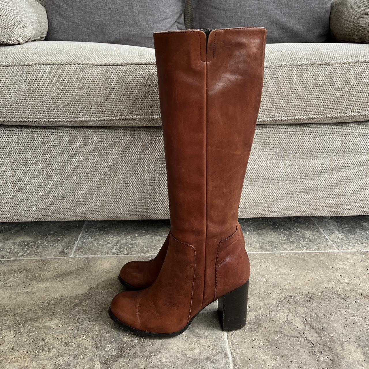Brown leather knee high boots, EU size 39/ uk size... - Depop