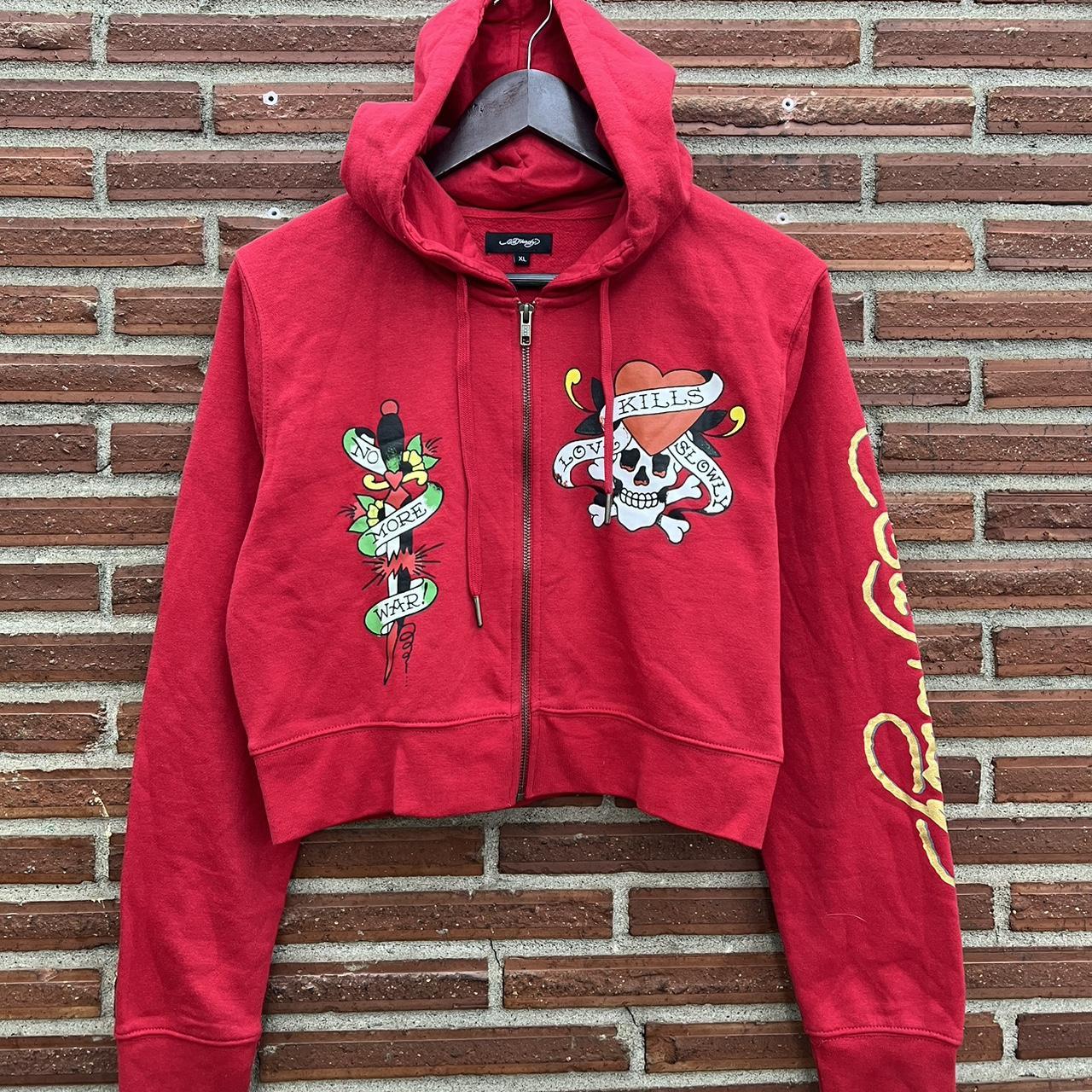 🌹 Red Ed Hardy skull women’s zip front cropped... | Depop