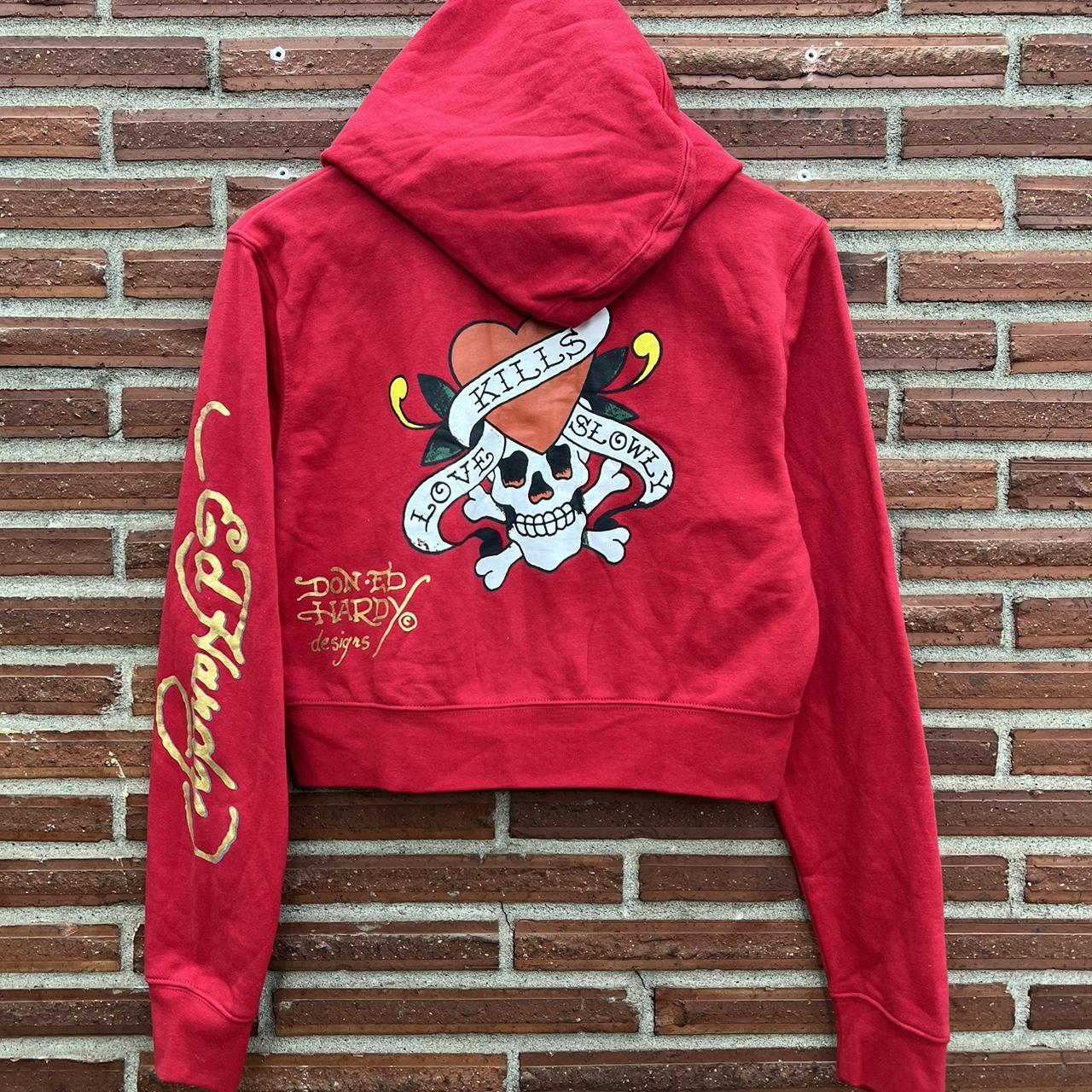 🌹 Red Ed Hardy skull women’s zip front cropped... | Depop