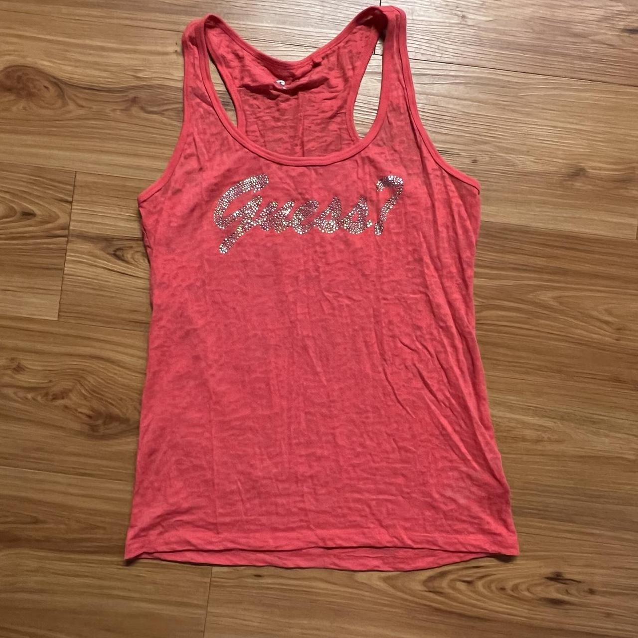y2k pink Guess tank top with silver glitter logo - Depop