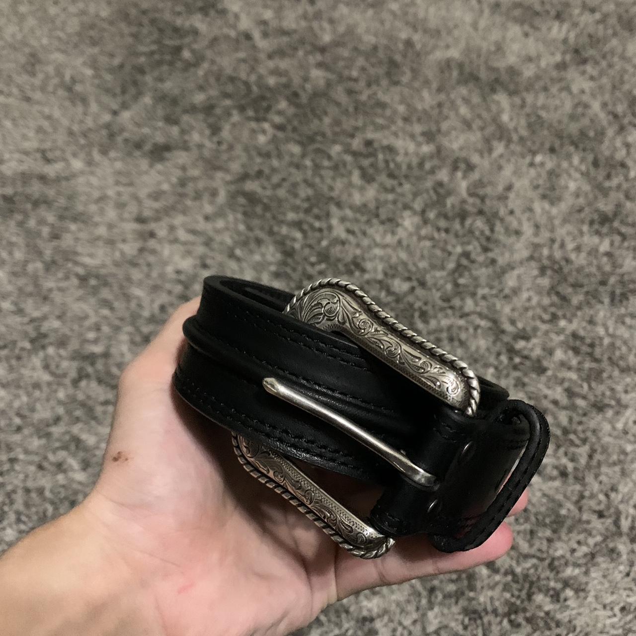 big black veiny leather ariat belt big fat silver... - Depop