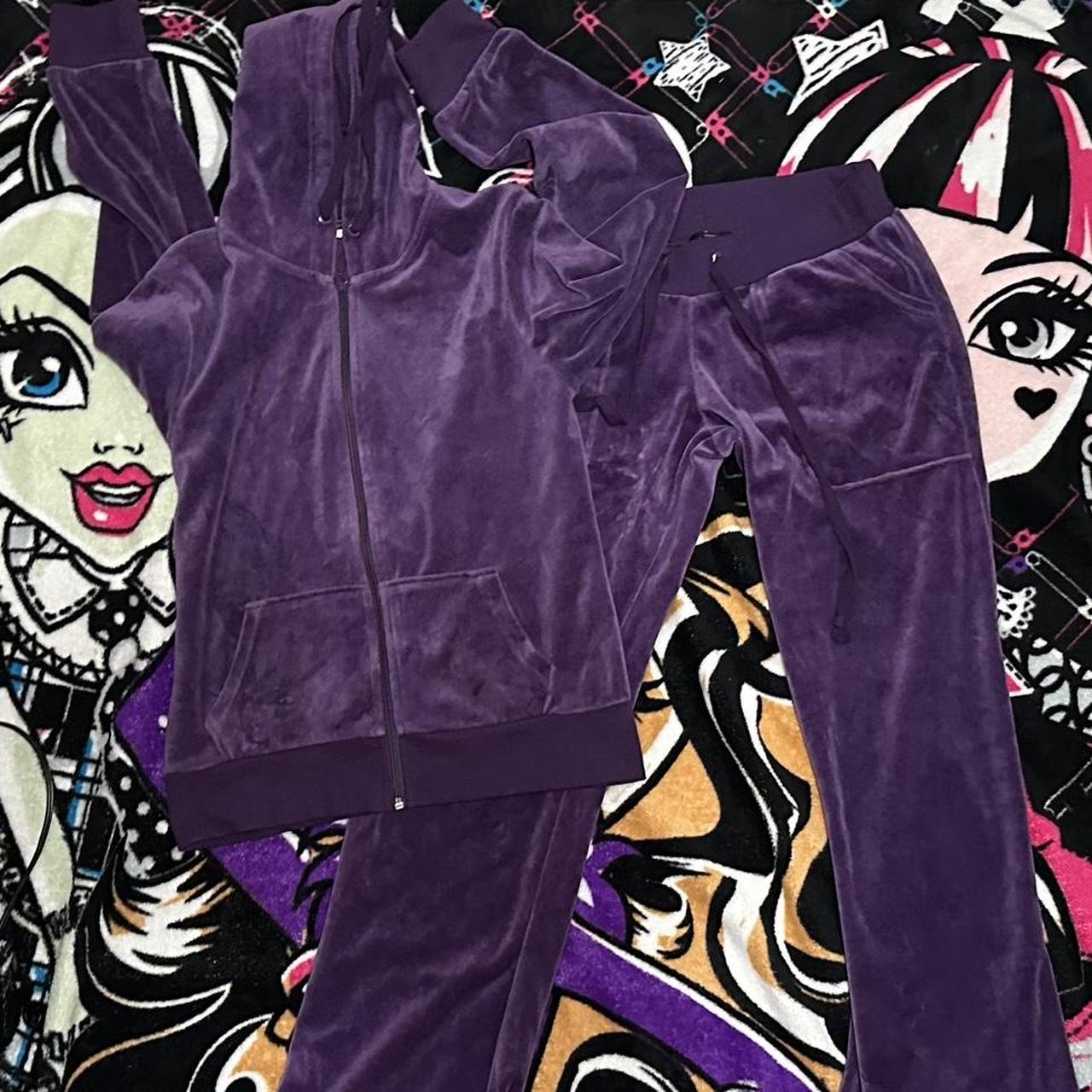 Velour purple tracksuit two piece sweater pants set... - Depop