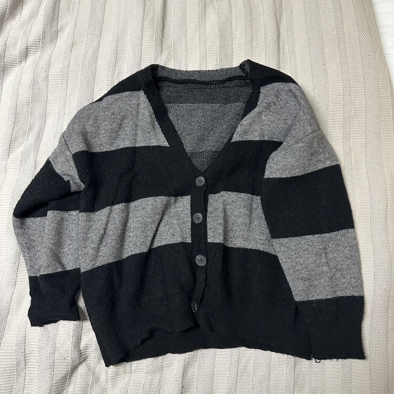 thick black and grey striped button sweater... - Depop
