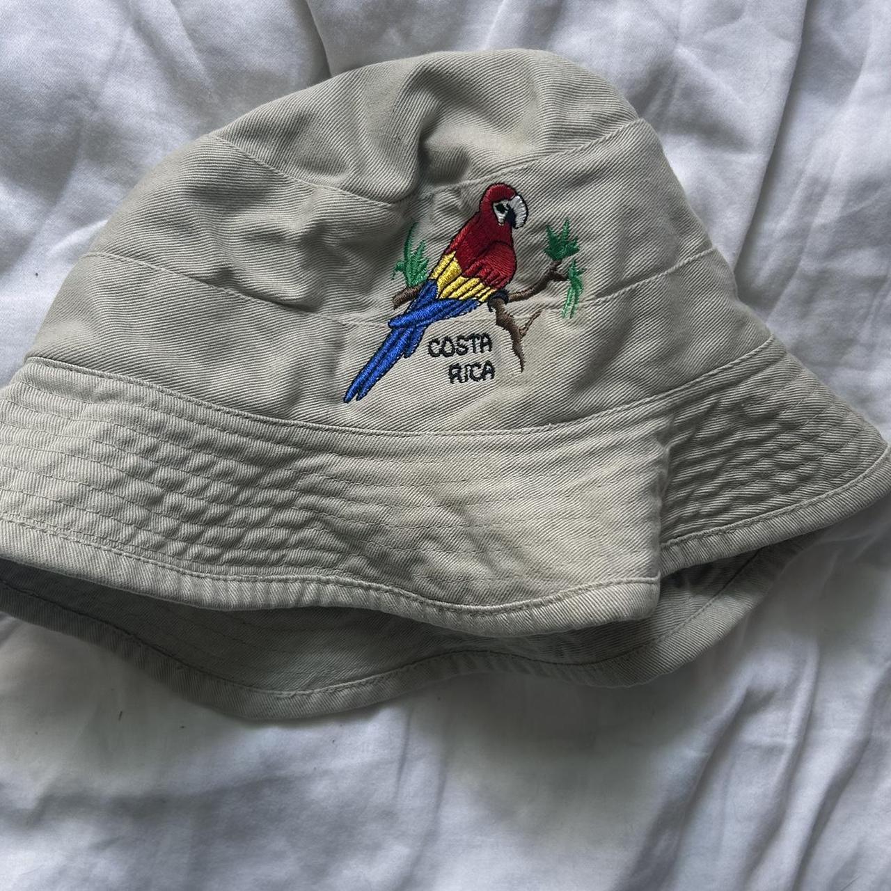 Costa Rican cream bucket hat embroidered parrot... | Depop