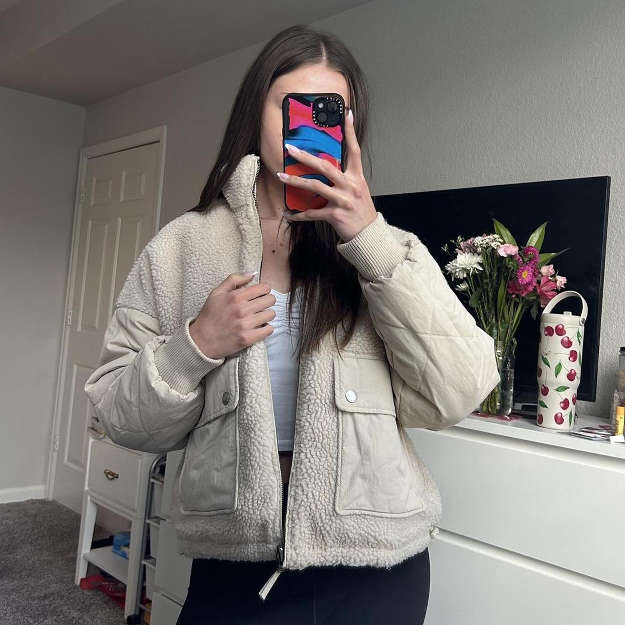 American Eagle Cream Reversible Sherpa Bomber Winter... - Depop