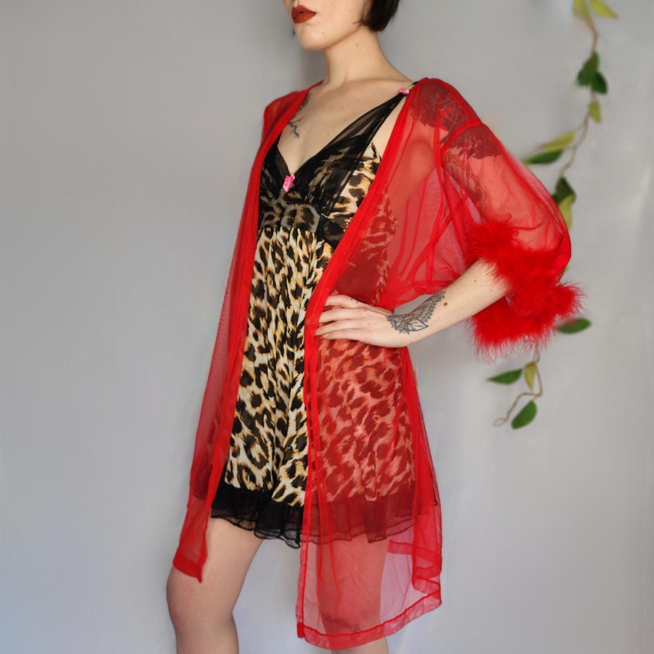 Sheer cherry red feather trim robe Mid length... - Depop