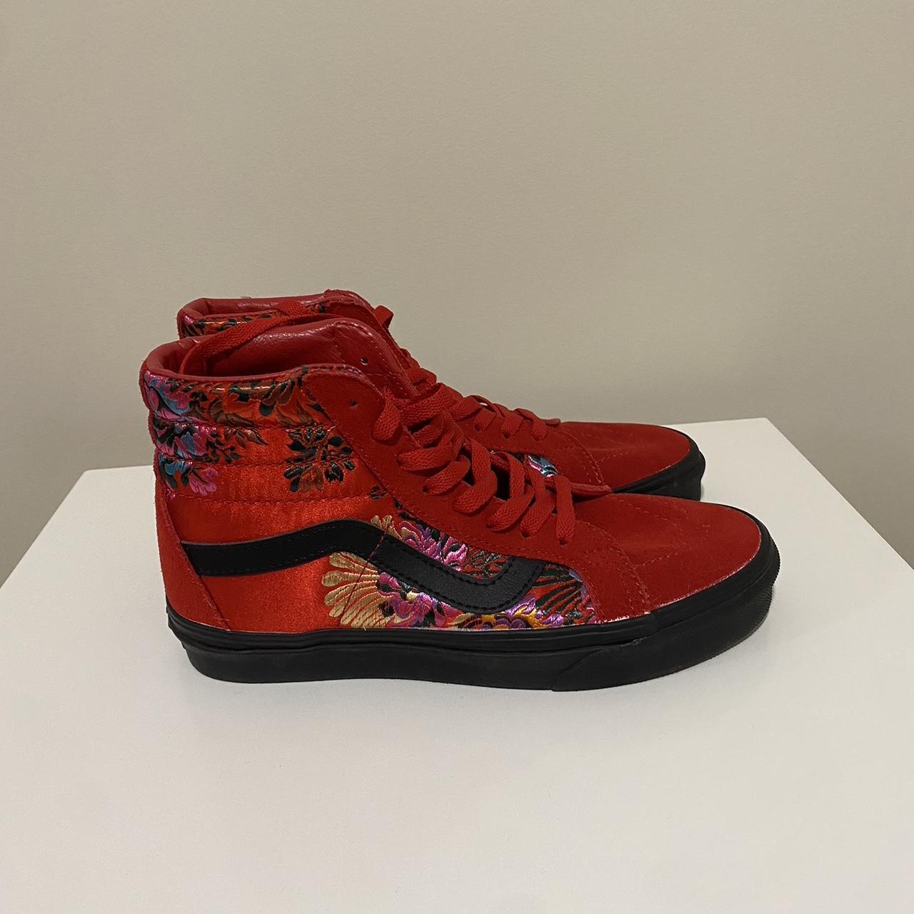 Vans hi-top red with pattern. In great condition &... - Depop