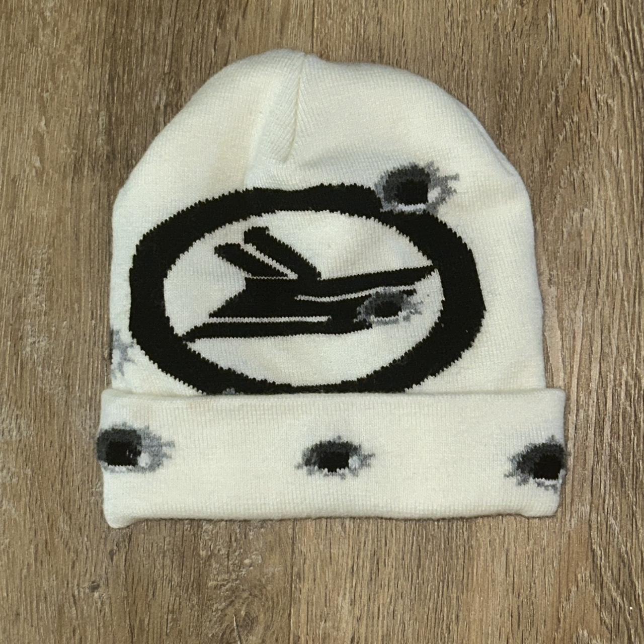 Sicko White and black beanie with bullet holes #skater | Depop