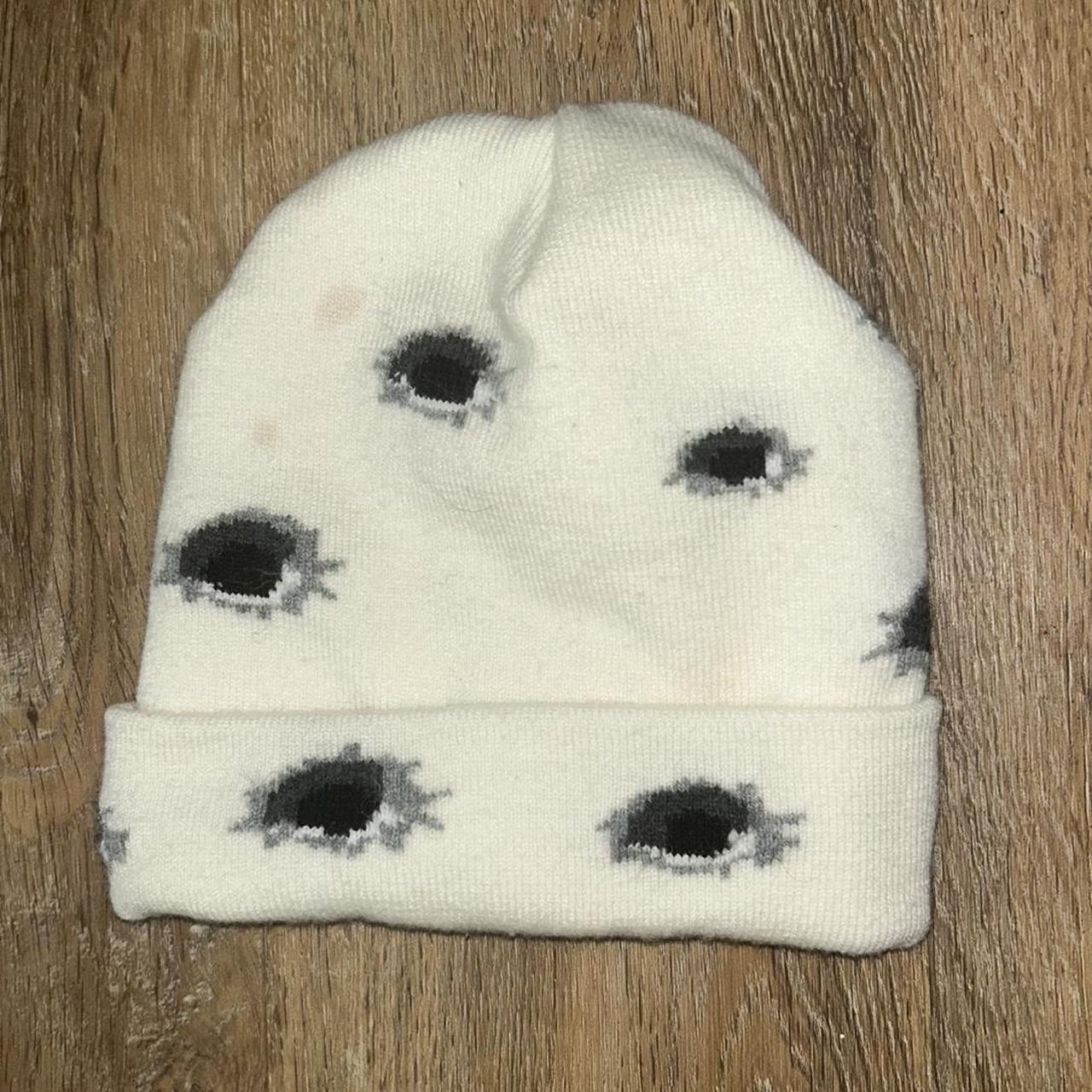 Sicko White and black beanie with bullet holes #skater | Depop