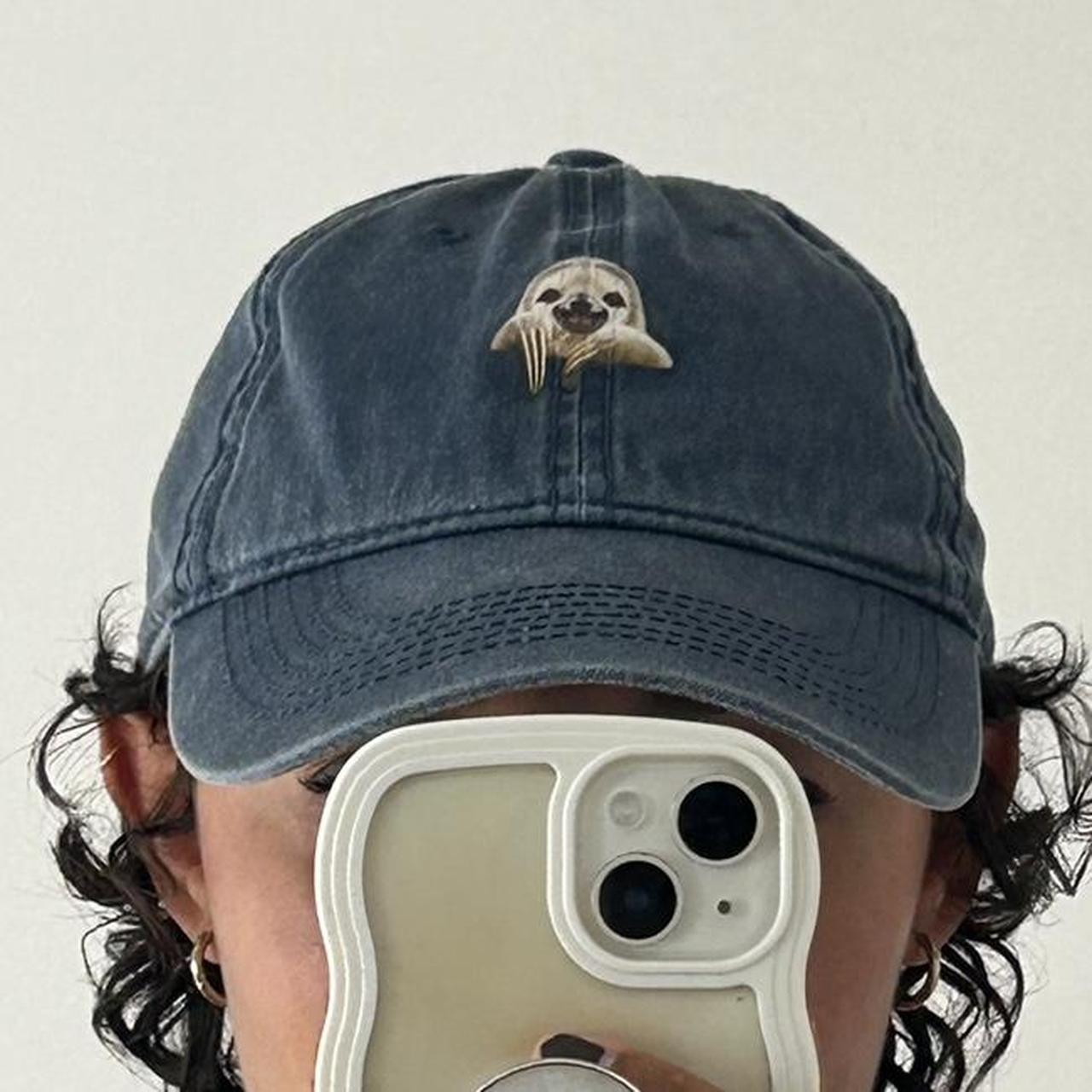 Navy blue sloth dad hat with adjustable strap at the... - Depop
