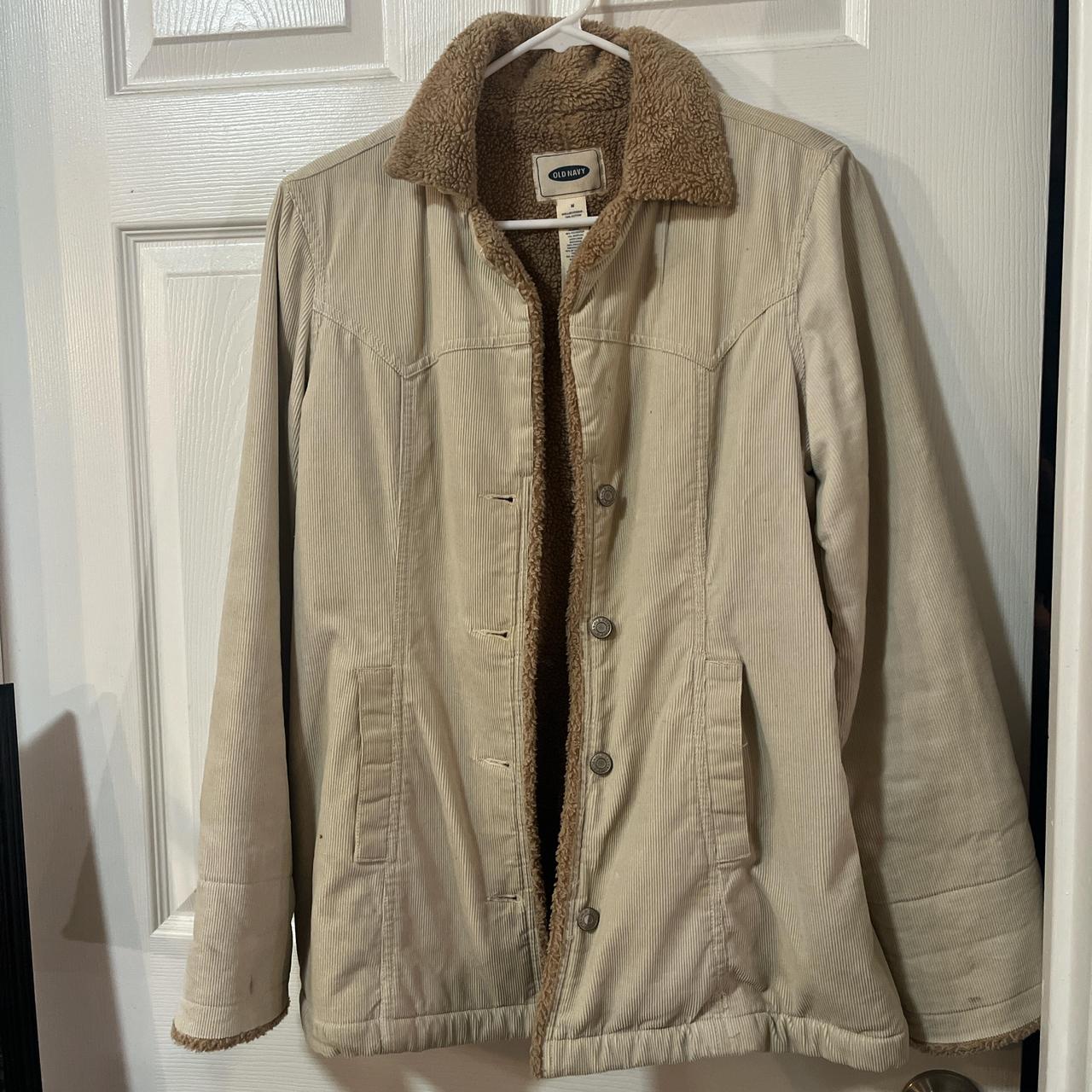Tan and cream corduroy jacket with a fuzzy collar... - Depop