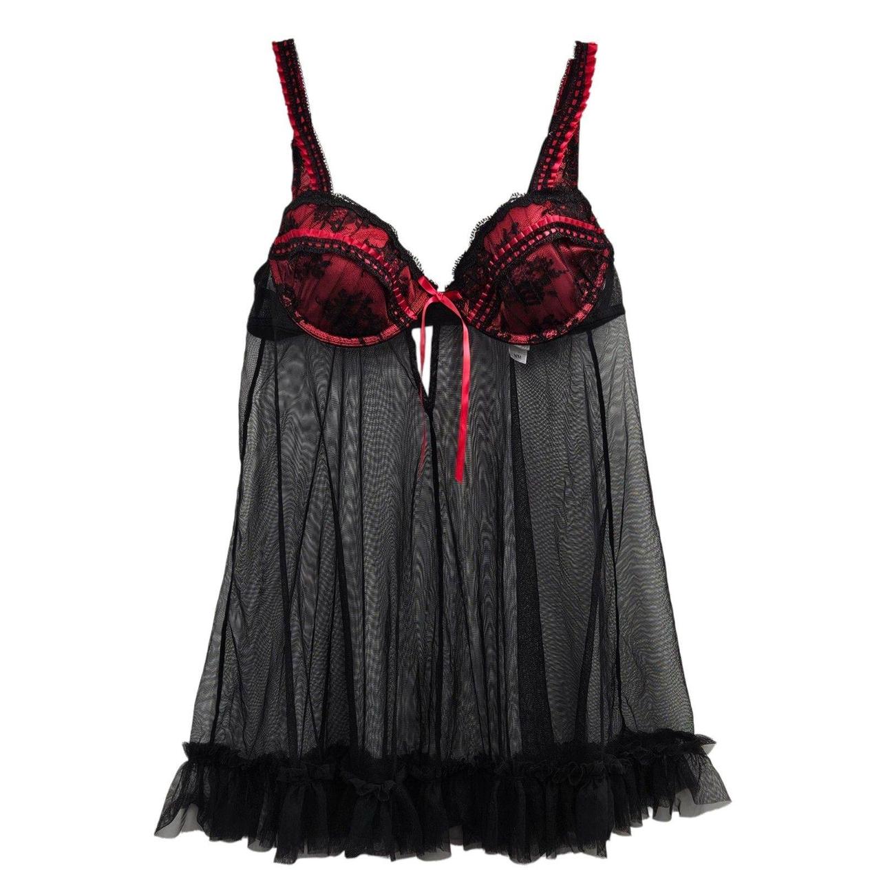 Delicates Red & Black Lace Mesh Babydoll M Underwire... | Depop