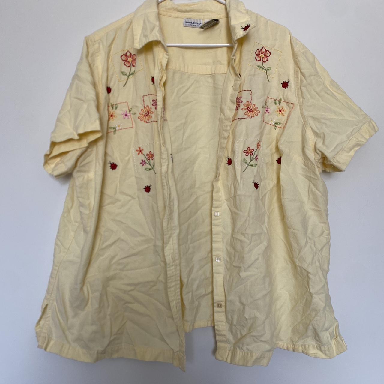 floral embroidered button up, one minor stain but is... - Depop