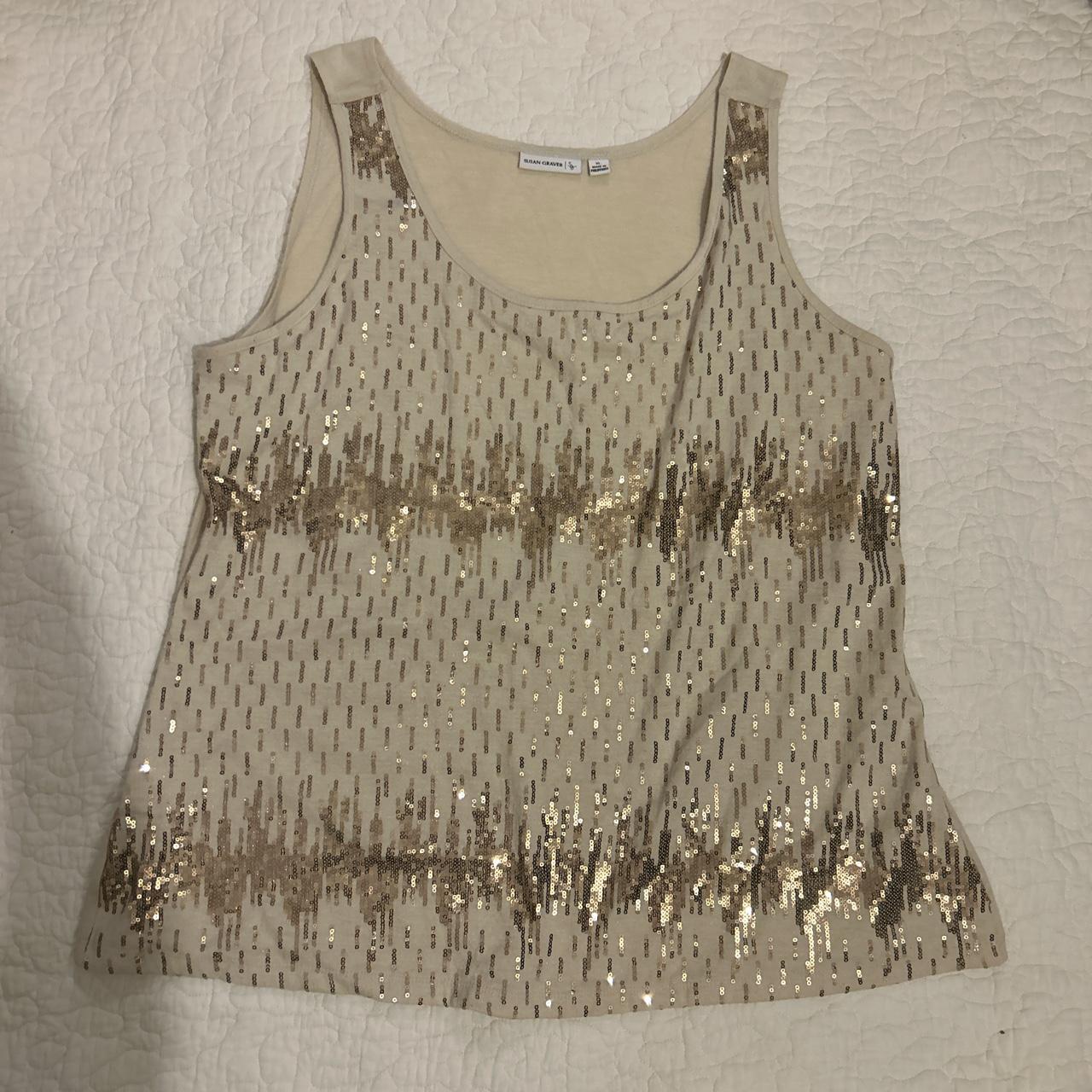 Women’s XL cream colored tank with gold sequins - Depop