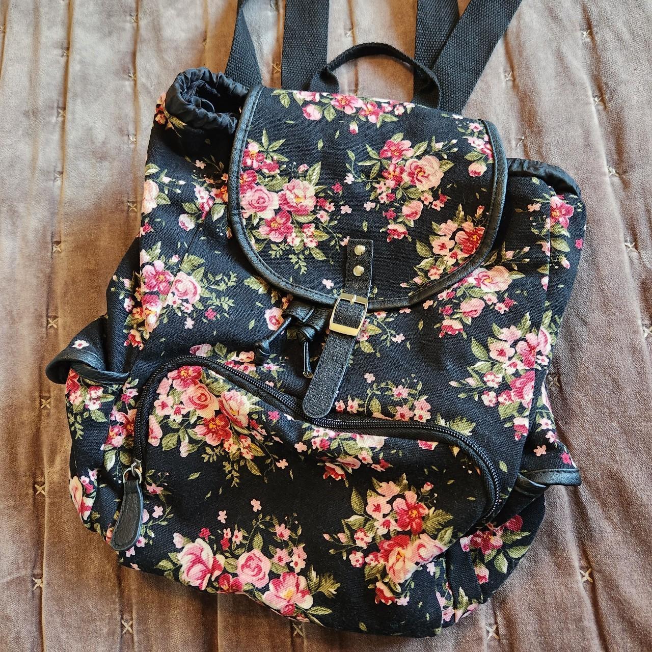 Black floral slouch backpack. Feels like a soft... - Depop