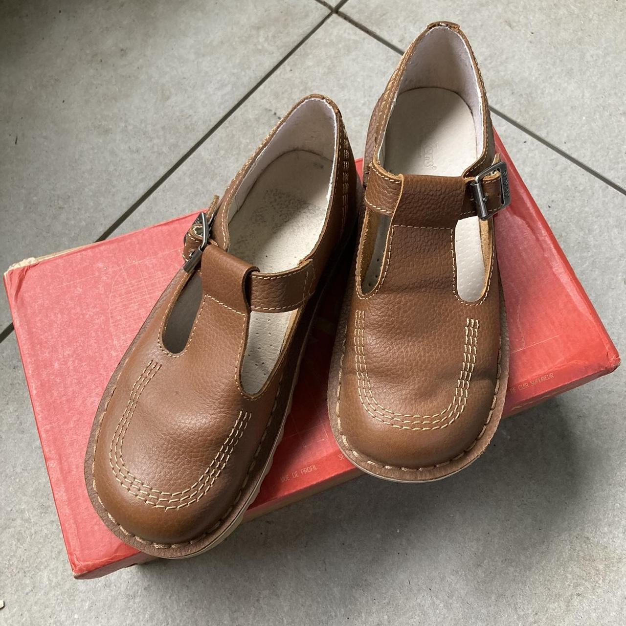 Tan leather T-bar Kickers, size 3. Excellent... - Depop