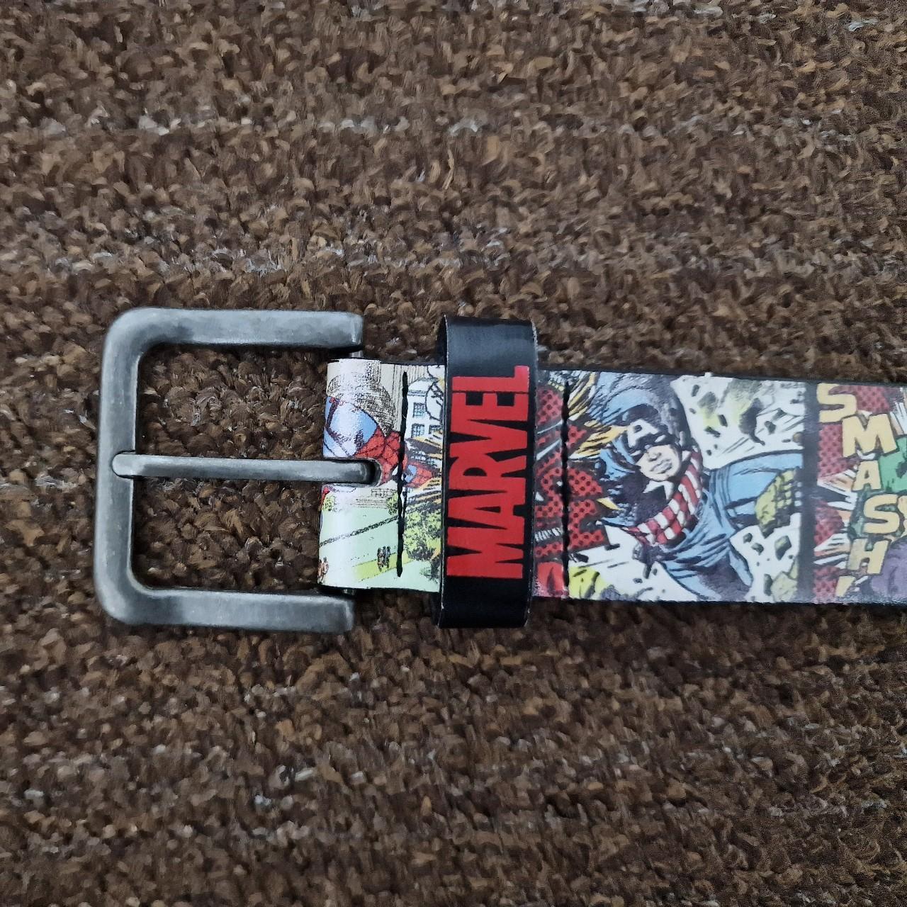 Marvel mens leather comic strip belt with a gunmetal... - Depop