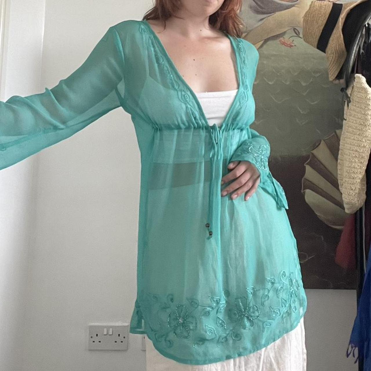 Sheer turquoise beach throw with tie at bust, flared... - Depop