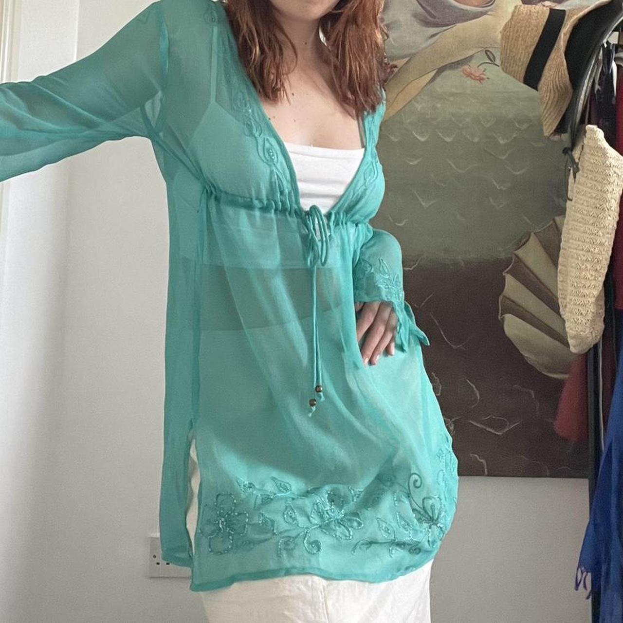Sheer turquoise beach throw with tie at bust, flared... - Depop