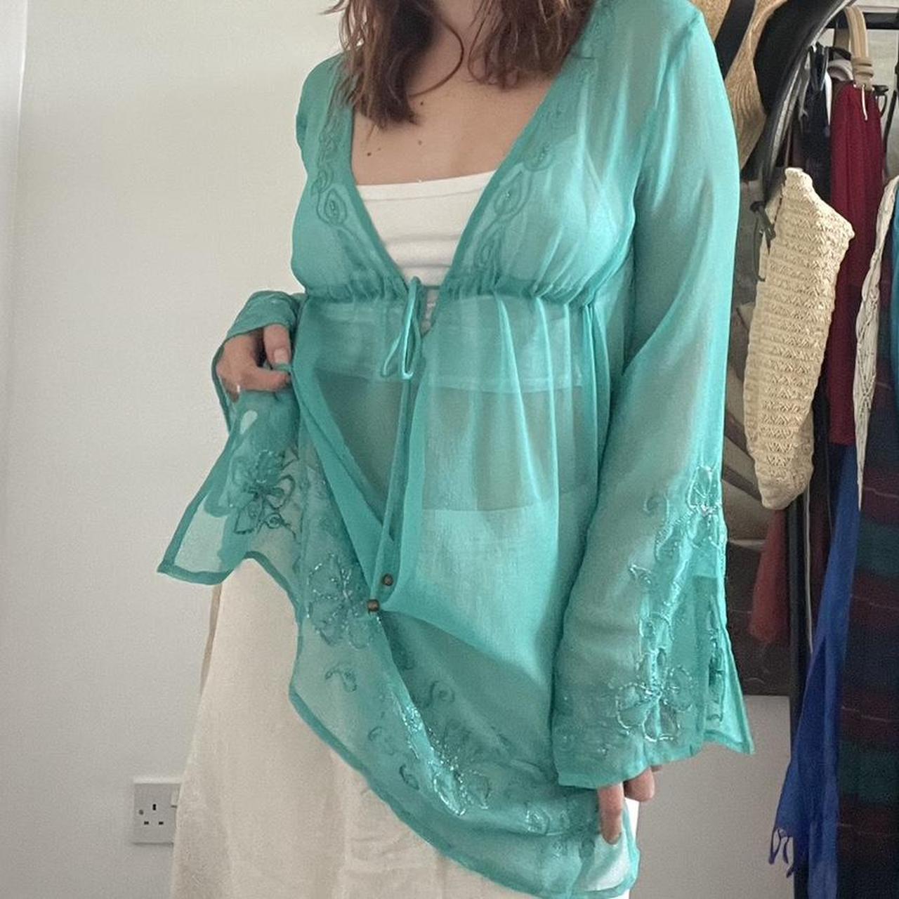 Sheer turquoise beach throw with tie at bust, flared... - Depop