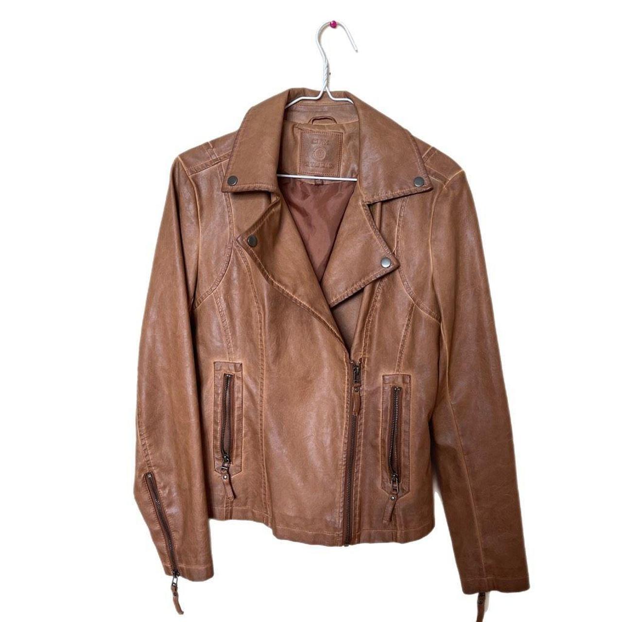 Max Studio Tan Motorcycle Jacket Women's Size Small... - Depop