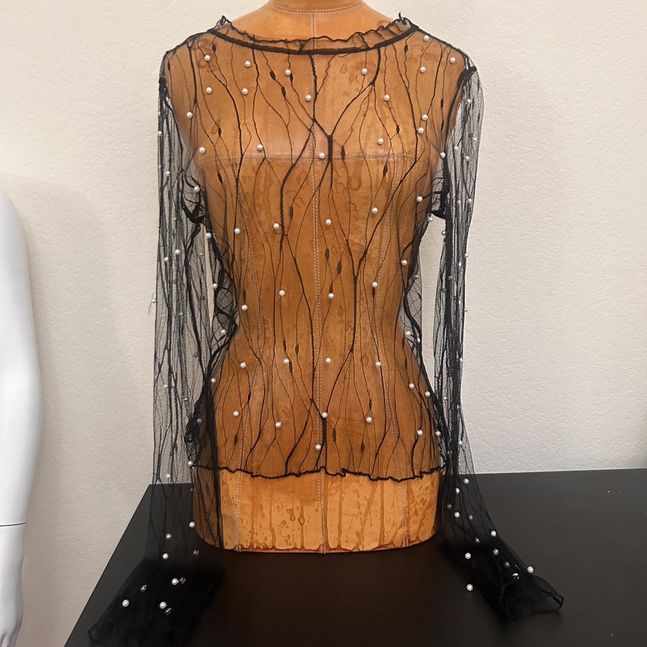 Black mesh top with pearl detailing No tag - Size S/M - Depop