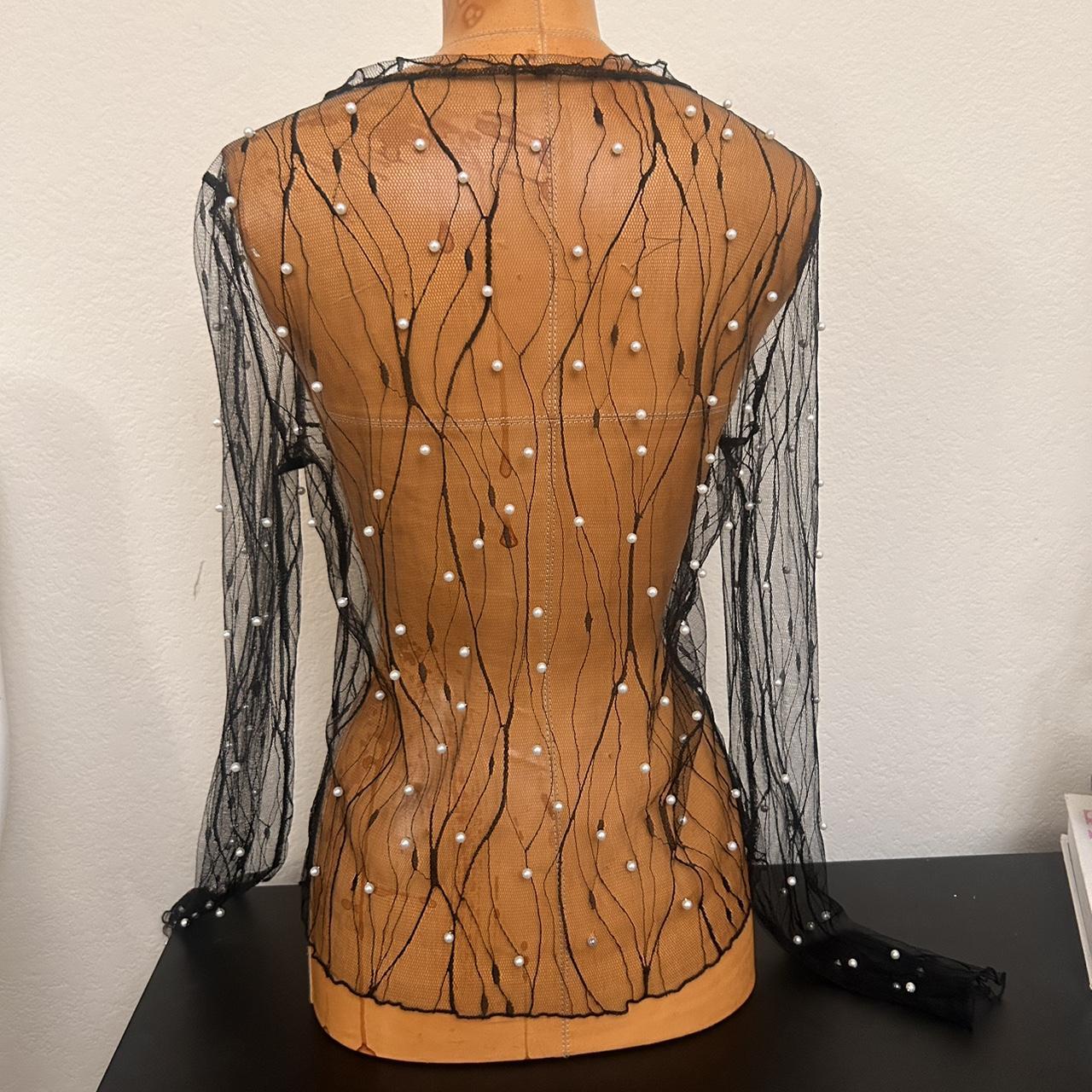 Black mesh top with pearl detailing No tag - Size S/M - Depop