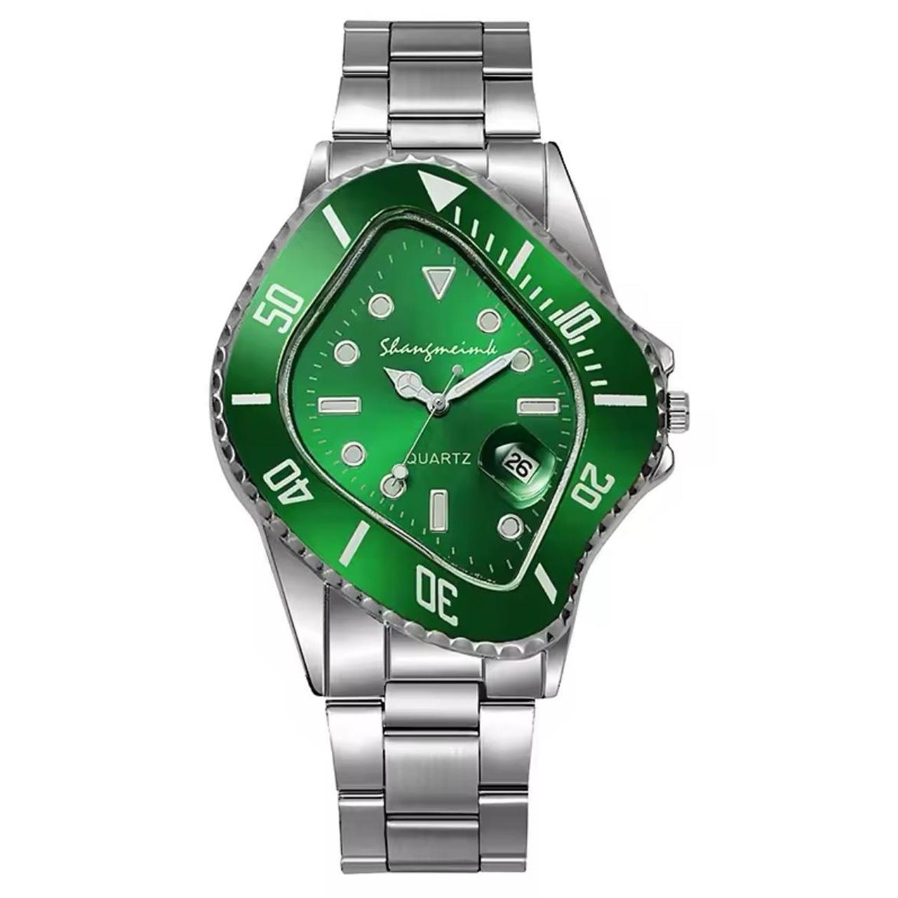 mens silver watch with green... - Depop