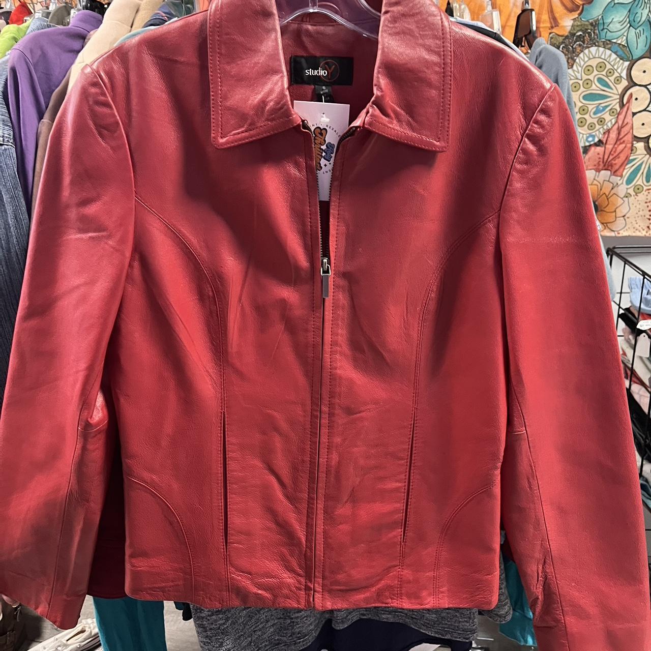 vintage red leather jacket idk brand - Depop