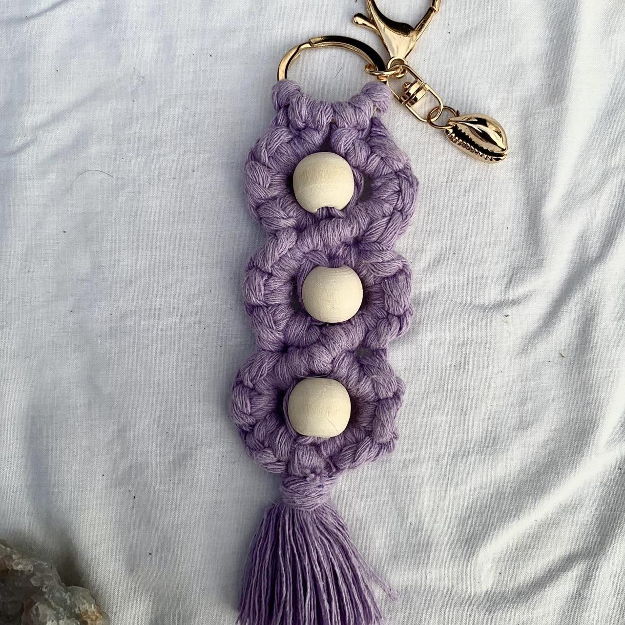 Large hand made macrame key ring with wooden beads - Depop