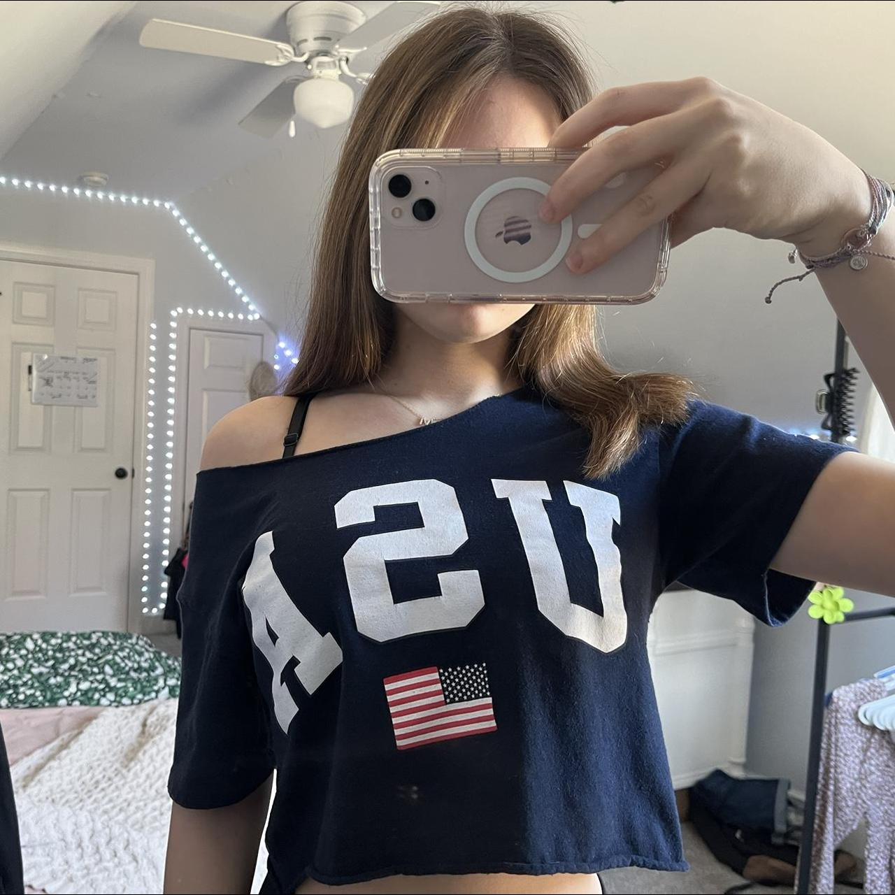 navy blue USA cropped off the shoulder tee i did the... - Depop