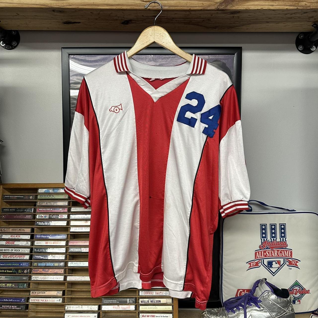 Y2K 2000s Collared striped Soccer Jersey red/white... - Depop