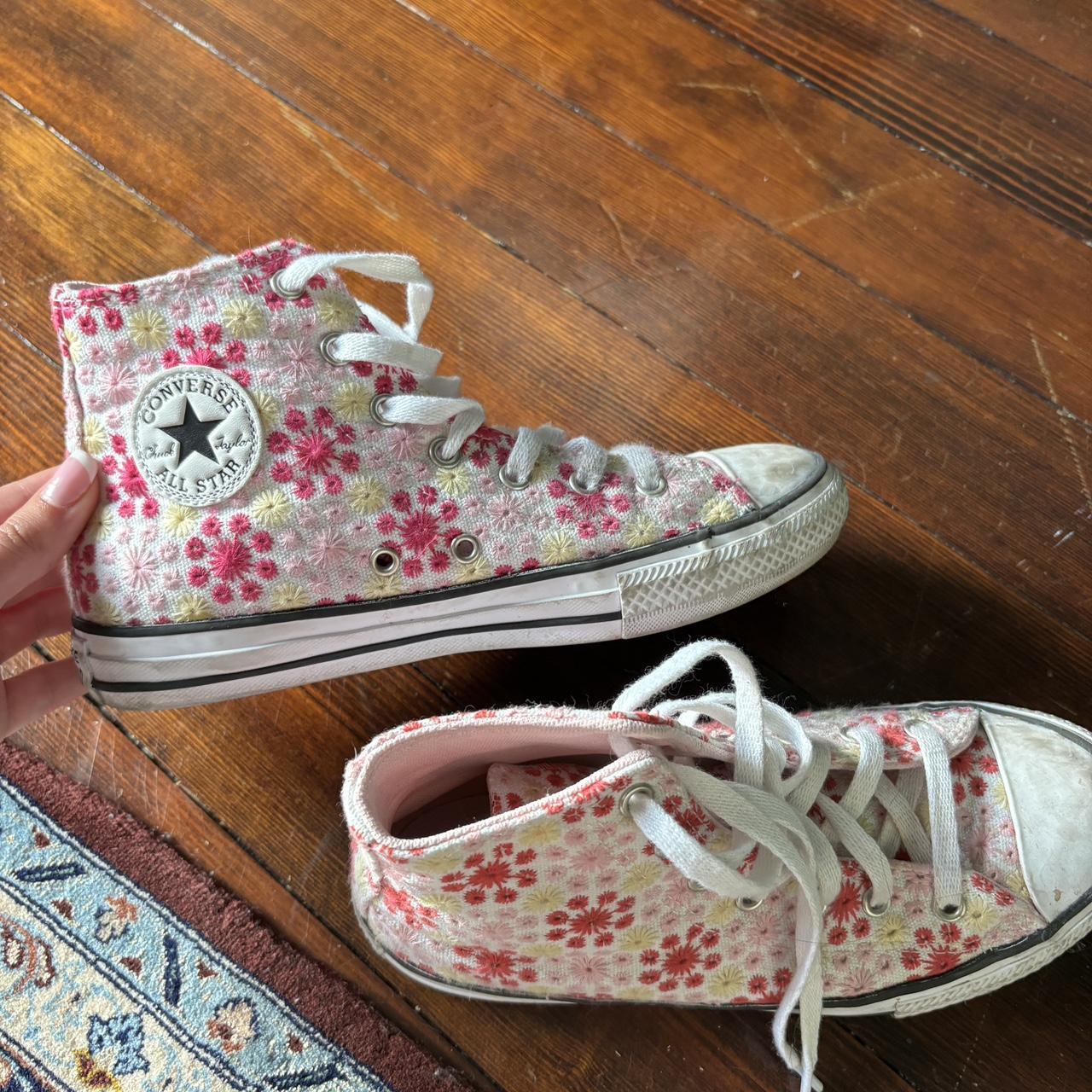 Super unique pink and yellow flower converse! Minor... - Depop