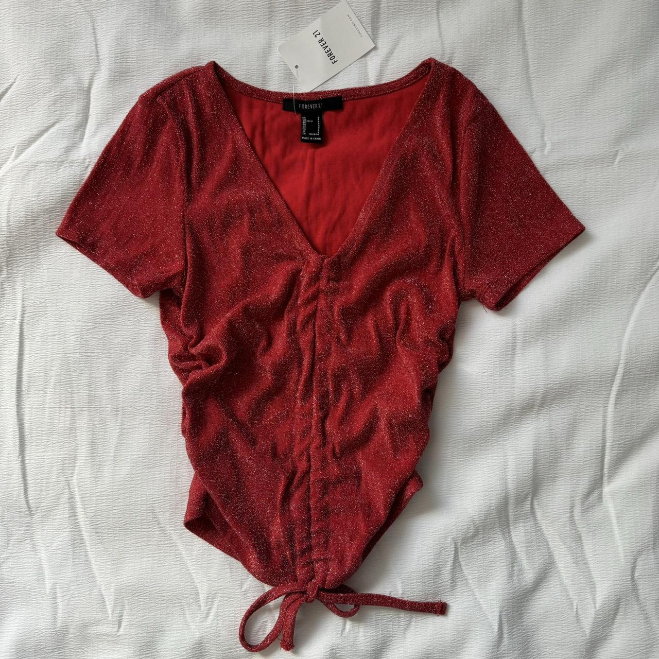 Red Glitter Runched Short Sleeve Tee T-Shirt Crop... - Depop