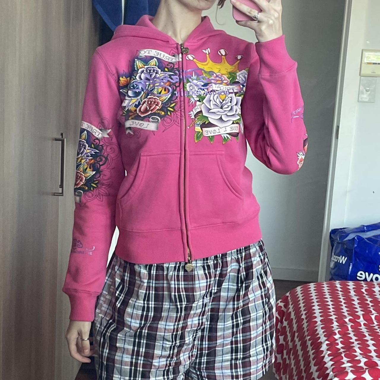 Ed Hardy hot pink zip up jacket Graphics on front... - Depop
