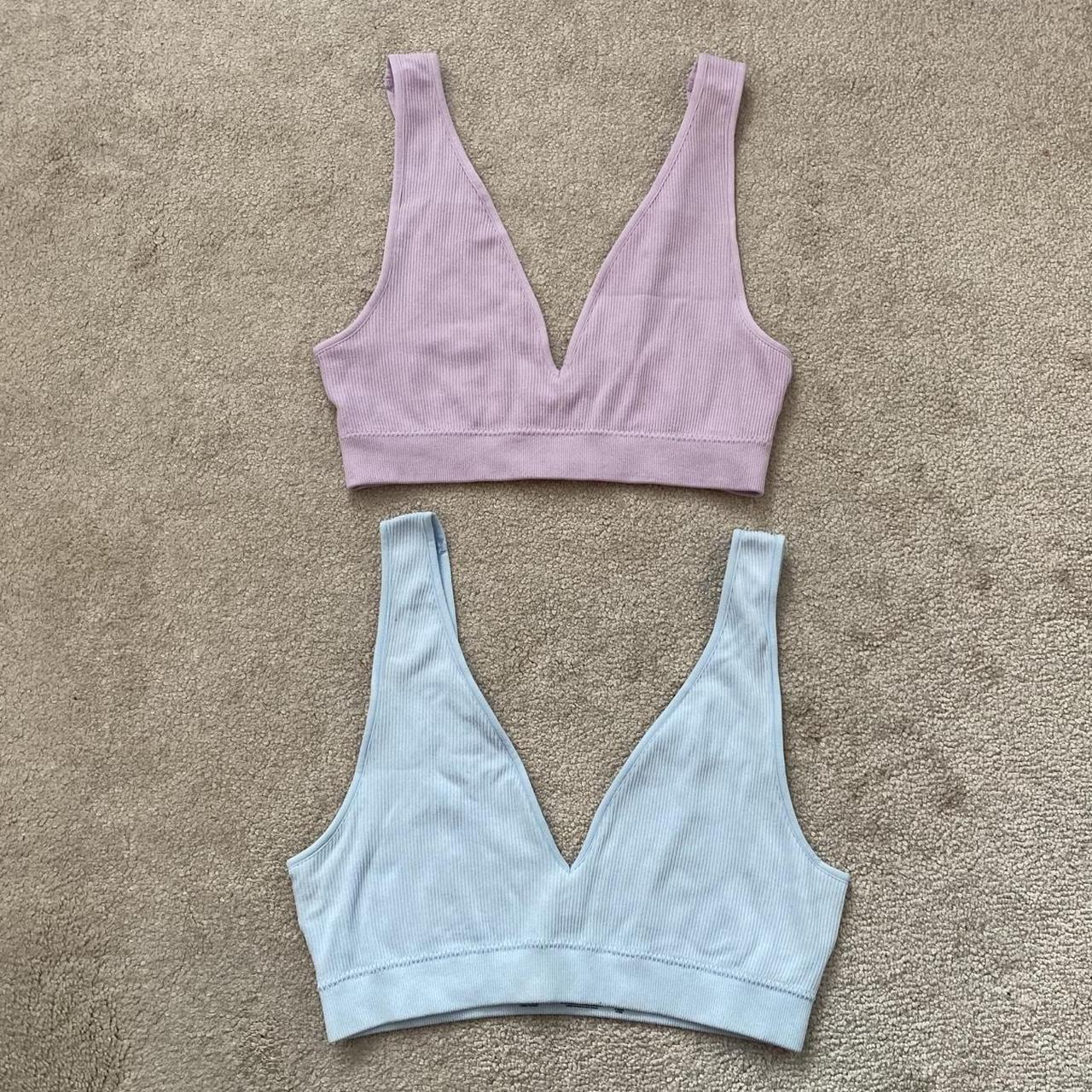 Lilac and baby blue ribbed bralettes, size XS. Brand... - Depop
