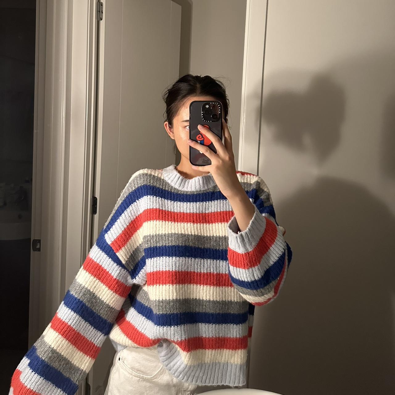red blue and white stripe SEED sweater, super cosy... - Depop