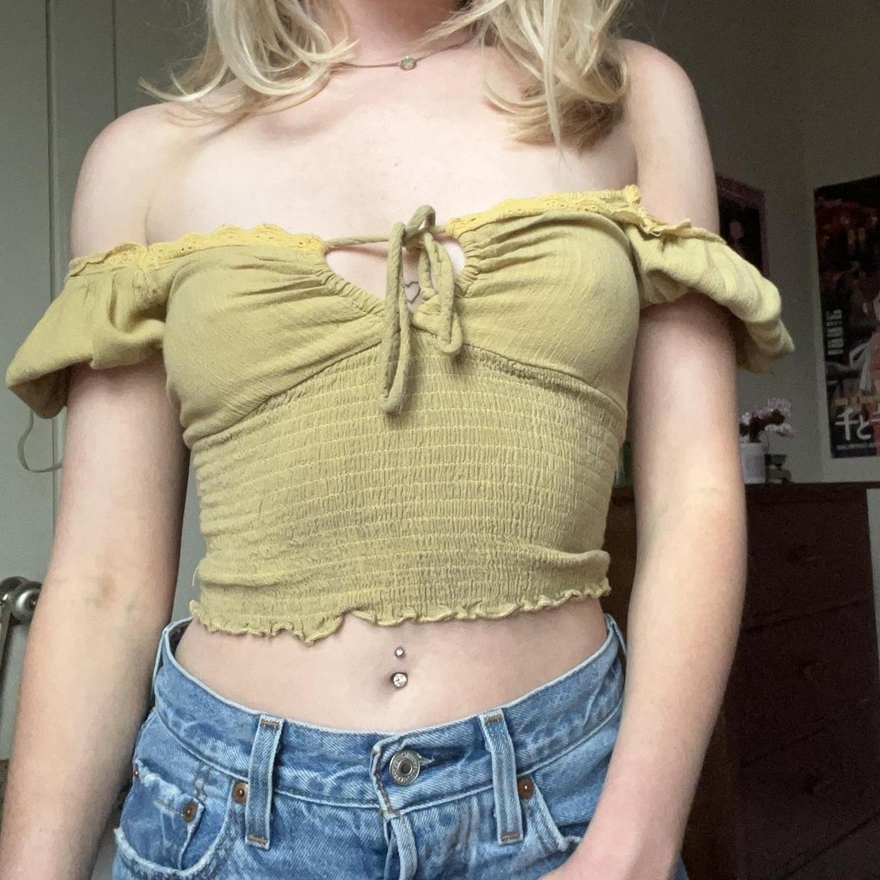 off the shoulder mustard top has slight... - Depop