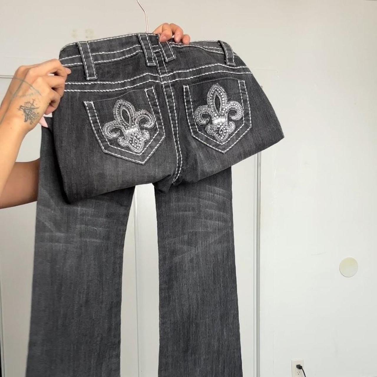 grey y2k Low rise flare bootcut jeans bedazzled... - Depop