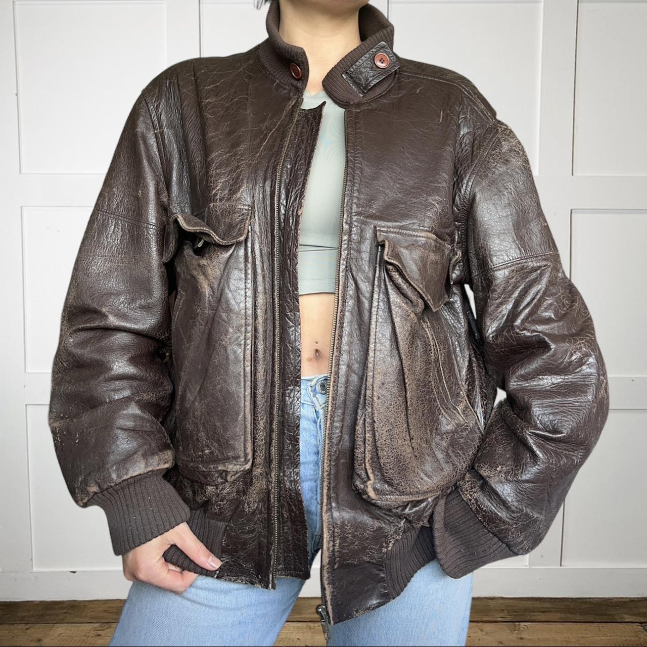 Real leather brown distressed bomber biker jacket •... - Depop