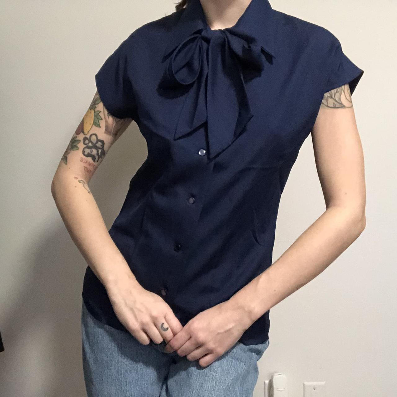 vintage 60s 70s navy blue button up blouse with neck... - Depop