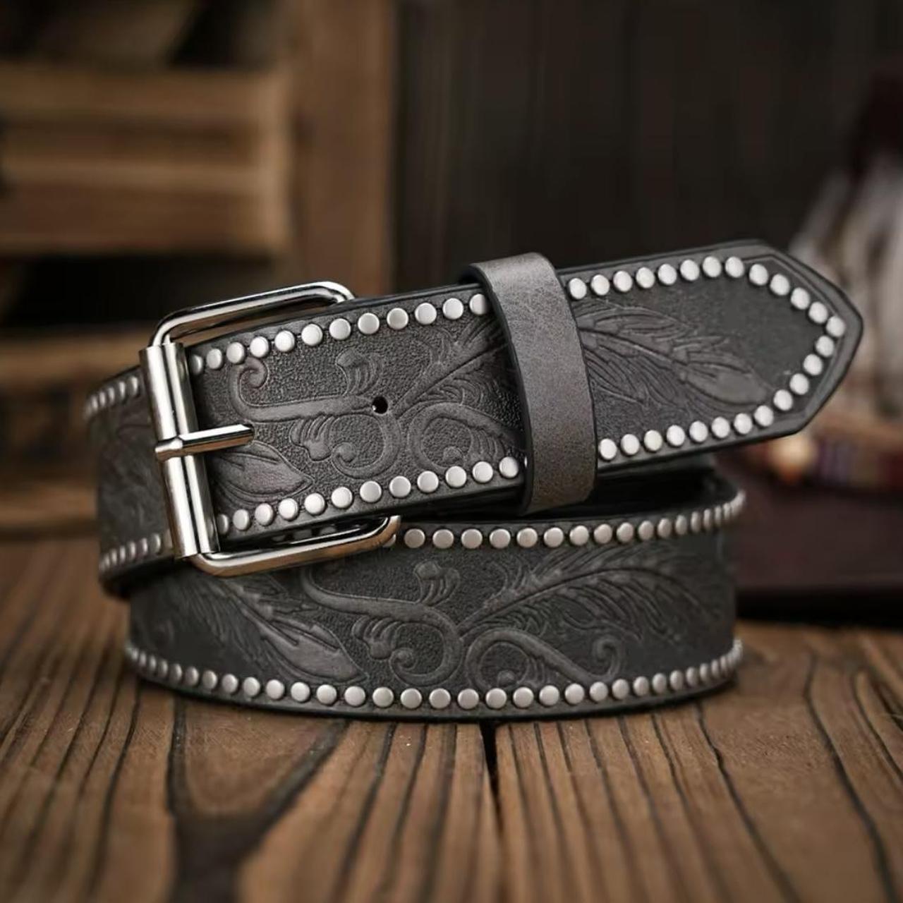 Grey leather belt with silver studs. Unisex belt... - Depop