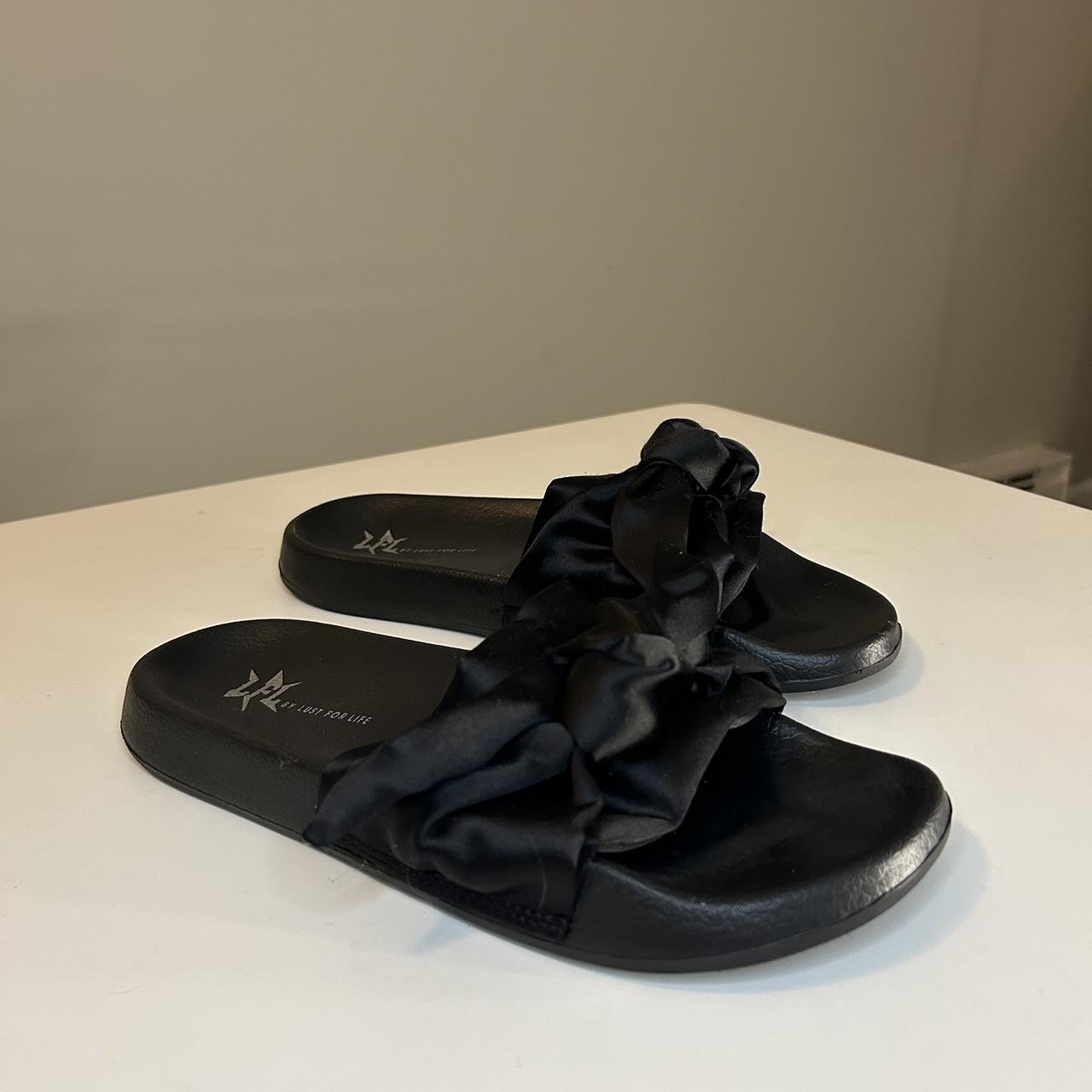 black ribbon bow slides. size 8 fits like 7.5 - Depop