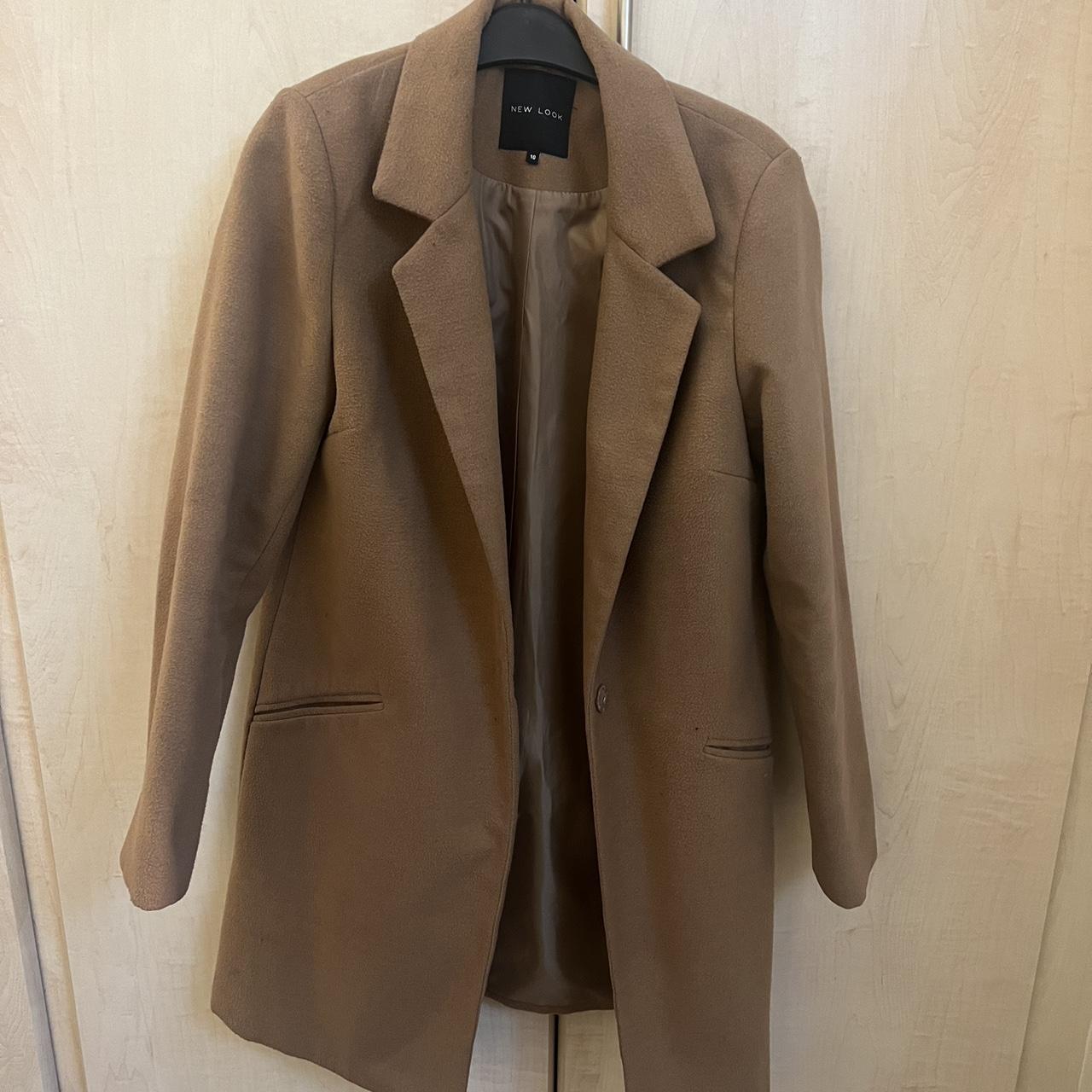 New Look lined tan coat. Worn with a few small marks... - Depop