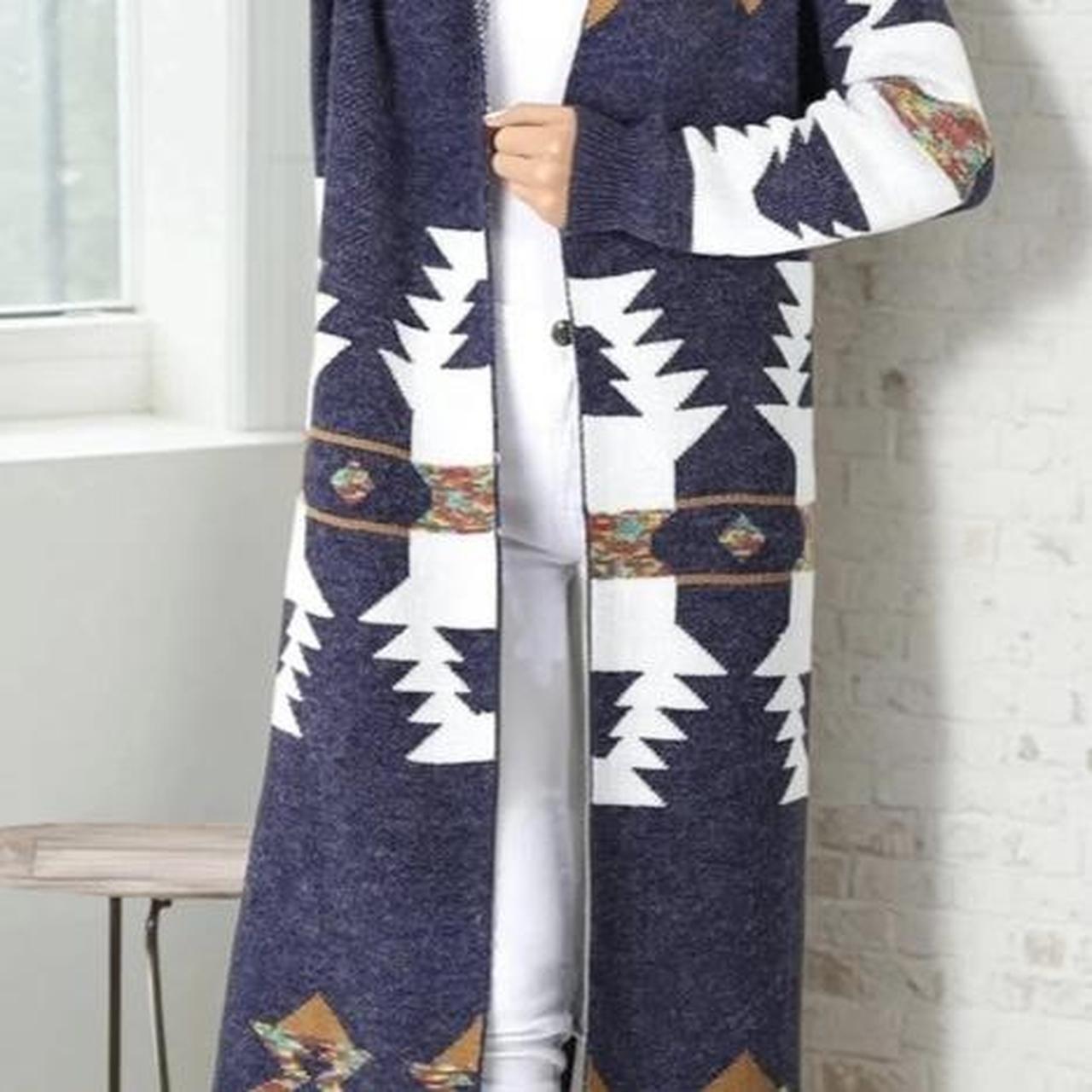 Soft and warm, wool blend Aztec print long cardigan... | Depop