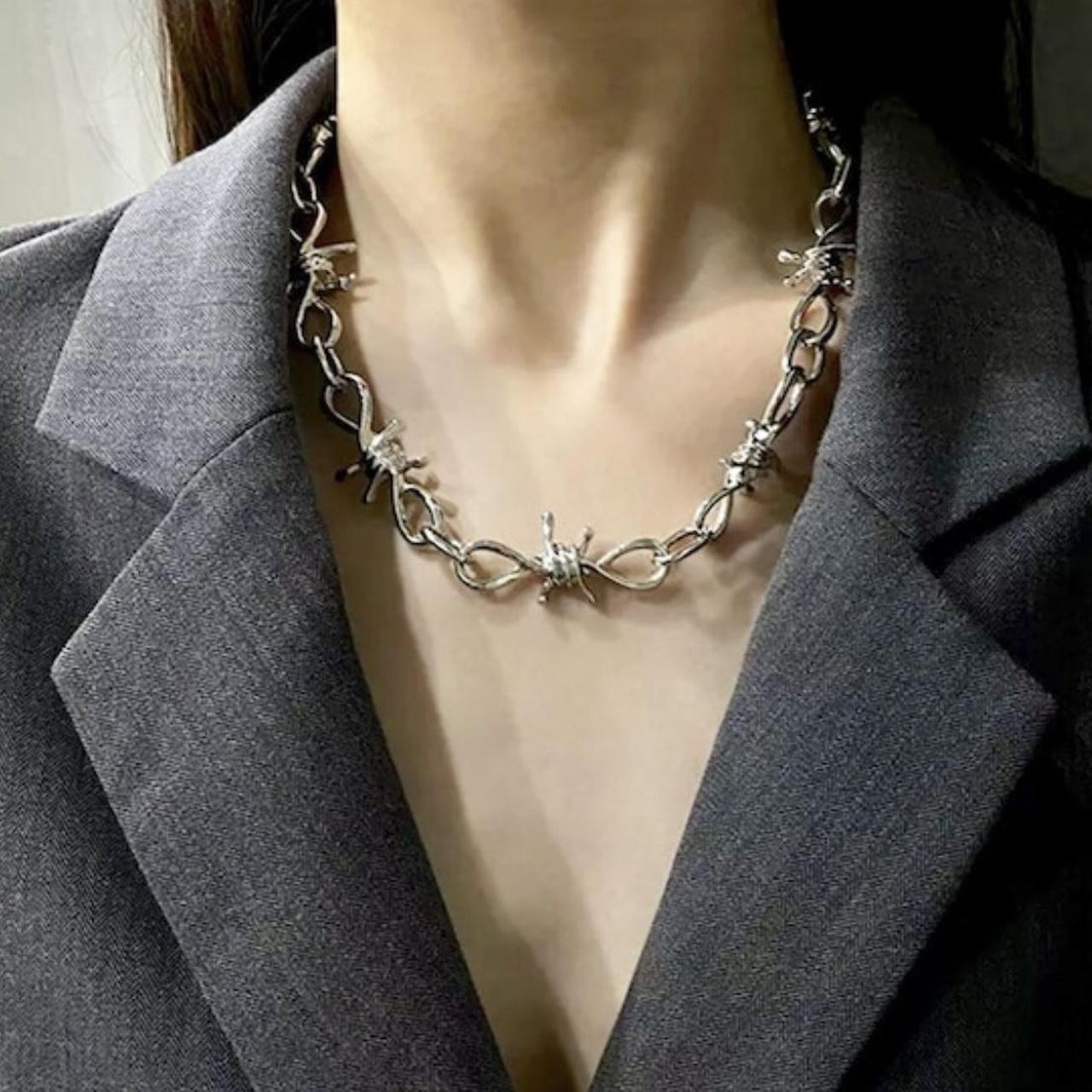 Cyberpunk Futuristic Silver Barbed Wire Chunky Thorn... - Depop