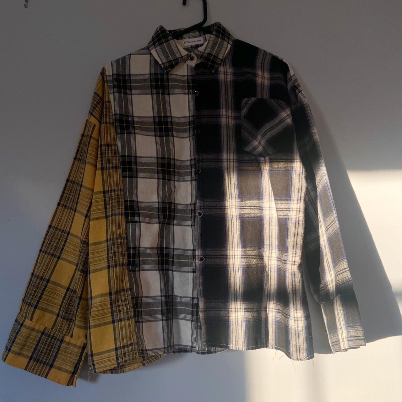 color-block flannel ☆ cool plaid multi-colored... - Depop