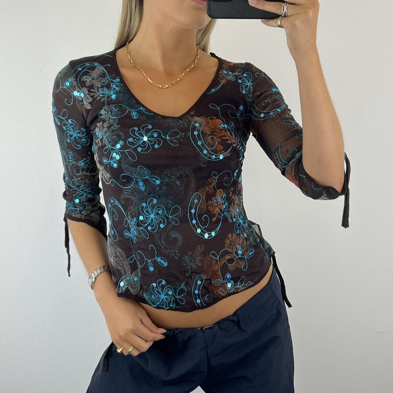 Insane brown micro mesh top with turqoise blue and... | Depop