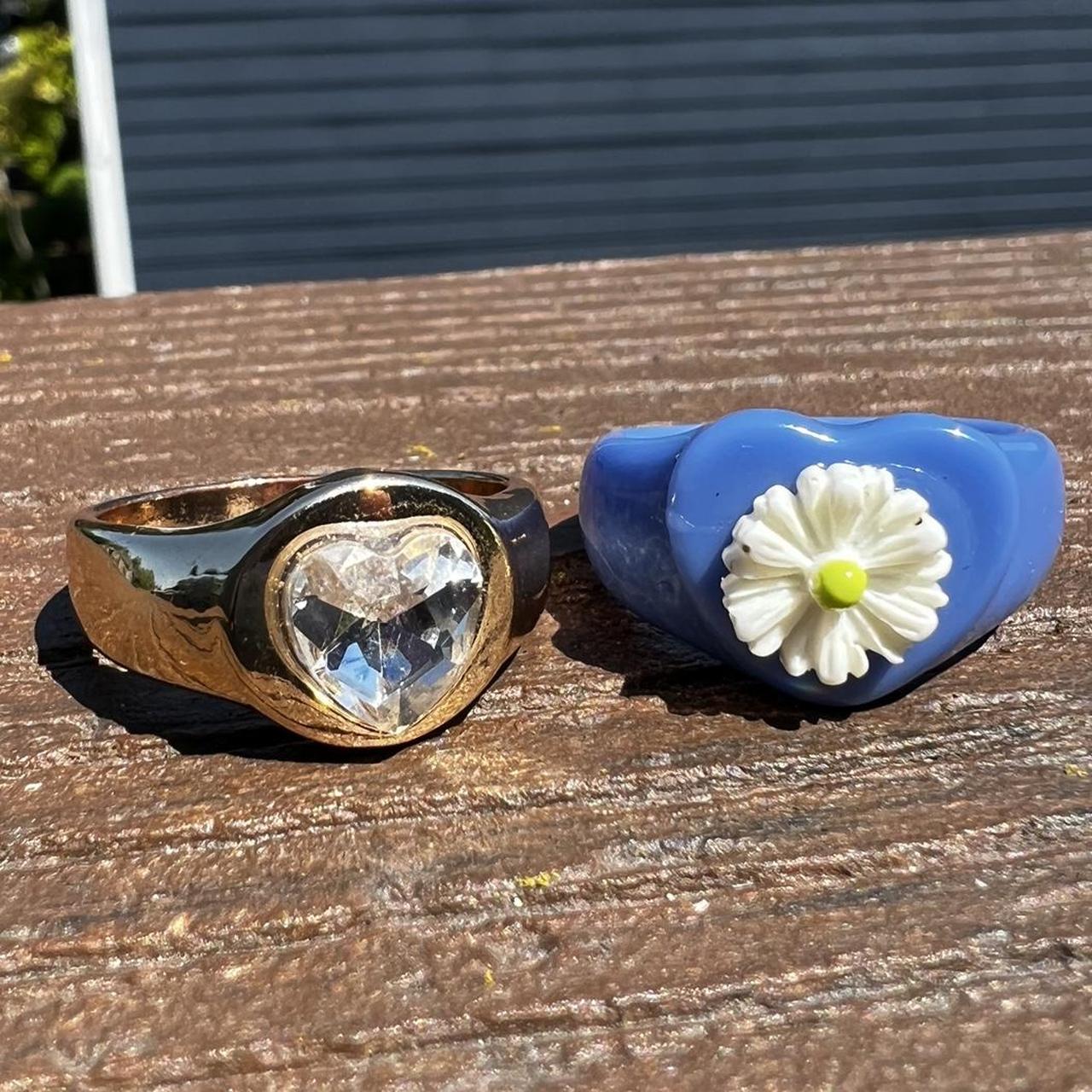 Blue and gold heart flower rings size 9 plastic... - Depop