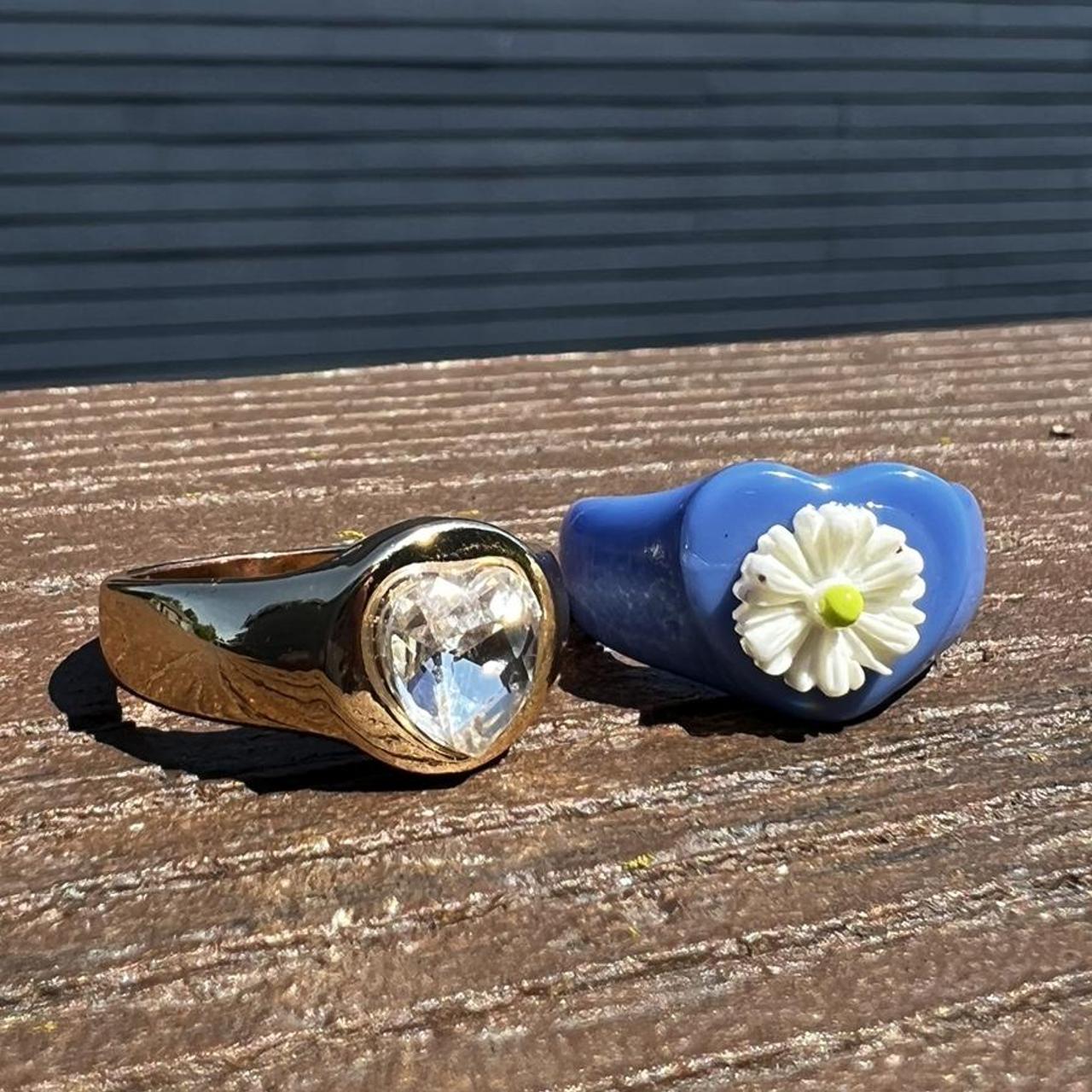 Blue and gold heart flower rings size 9 plastic... - Depop